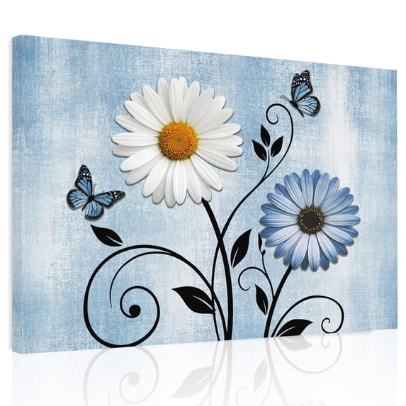 Blue White Daisy Canvas Print Wall Art, Butterfly Leaf Blue Gradient ...