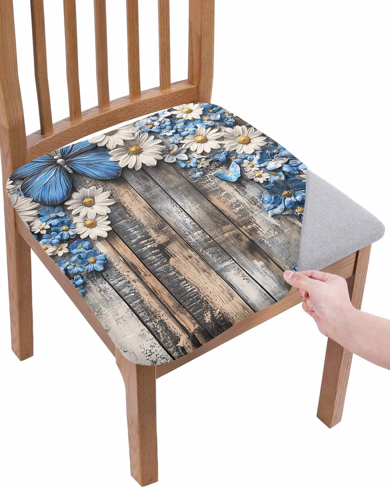 Blue White Daisy Chair Seat Covers for Dining Room Stretch Chair Seat ...