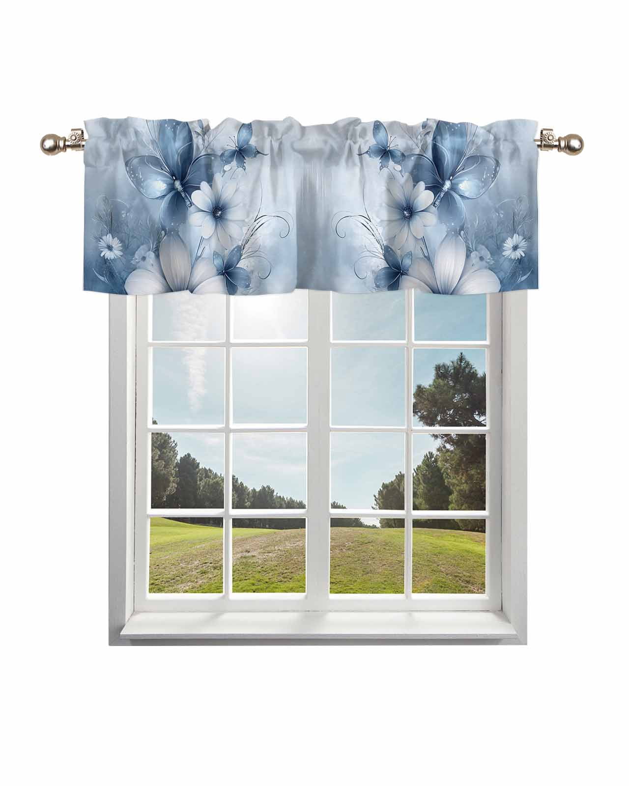 Blue White Daisy Curtain Valance for Windows/Living Room/Kitchen ...