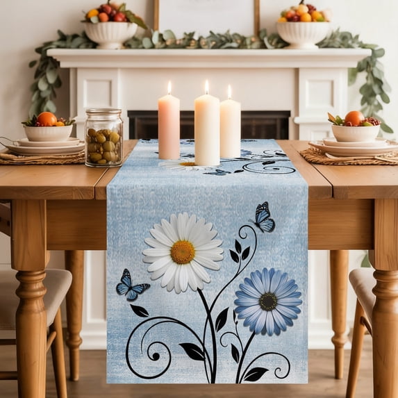 Blue White Daisy Dining Table Runner, Butterfly Leaf Blue Gradient ...
