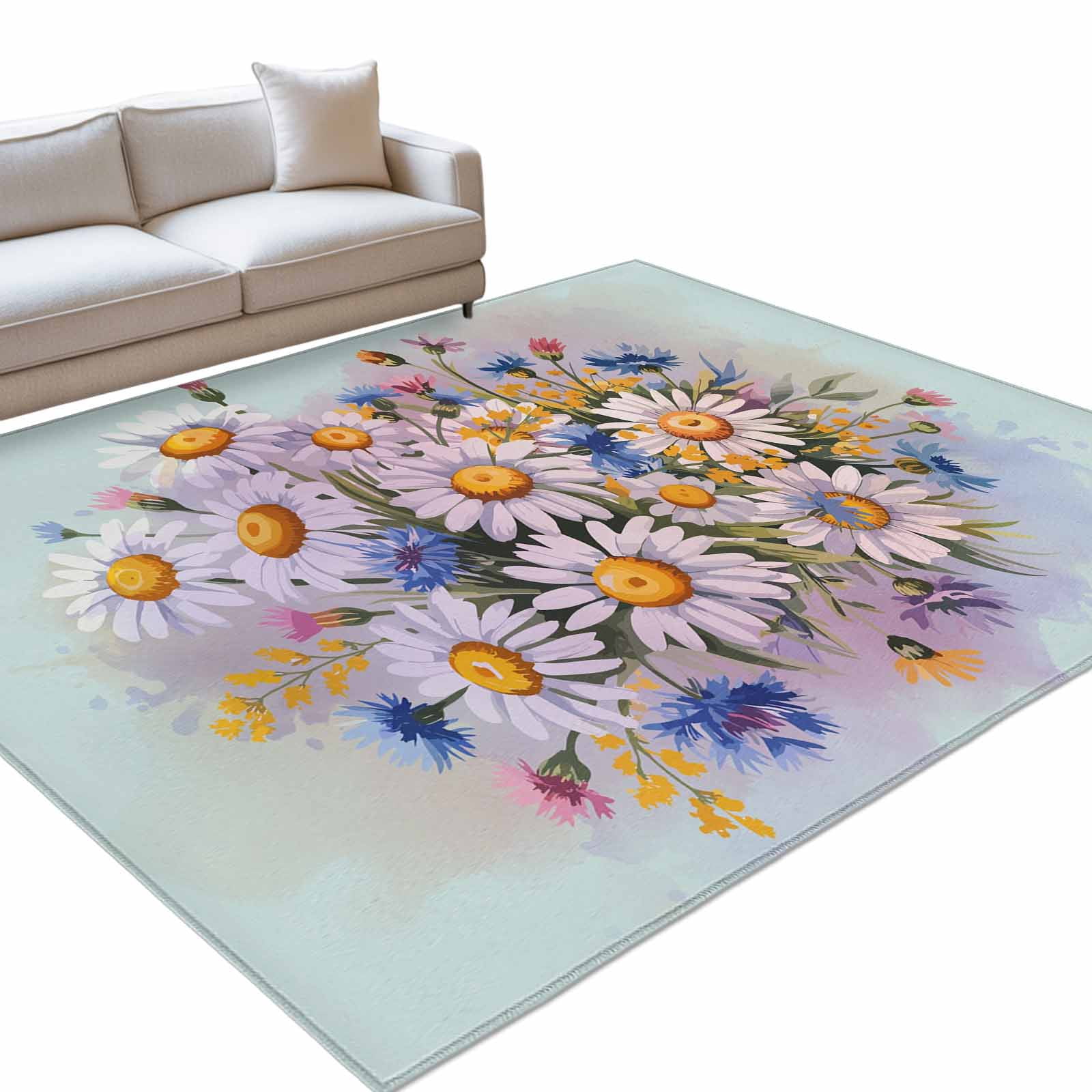 Blue White Daisy Flowers 3x5ft Non Slip Area Rug Spring Plants ...