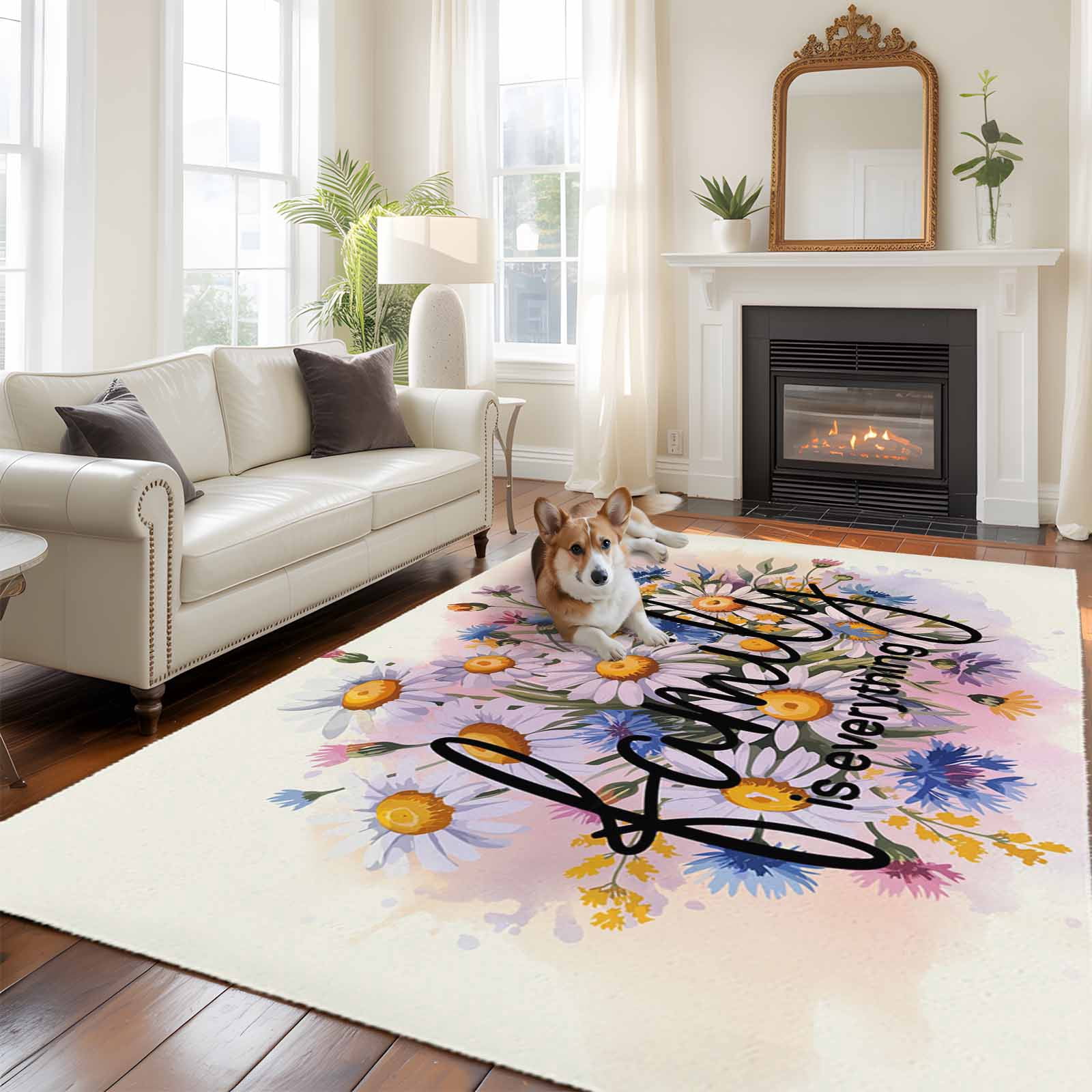 Blue White Daisy Flowers Area Rugs 5x7 ft Family Is Everything Spring ...