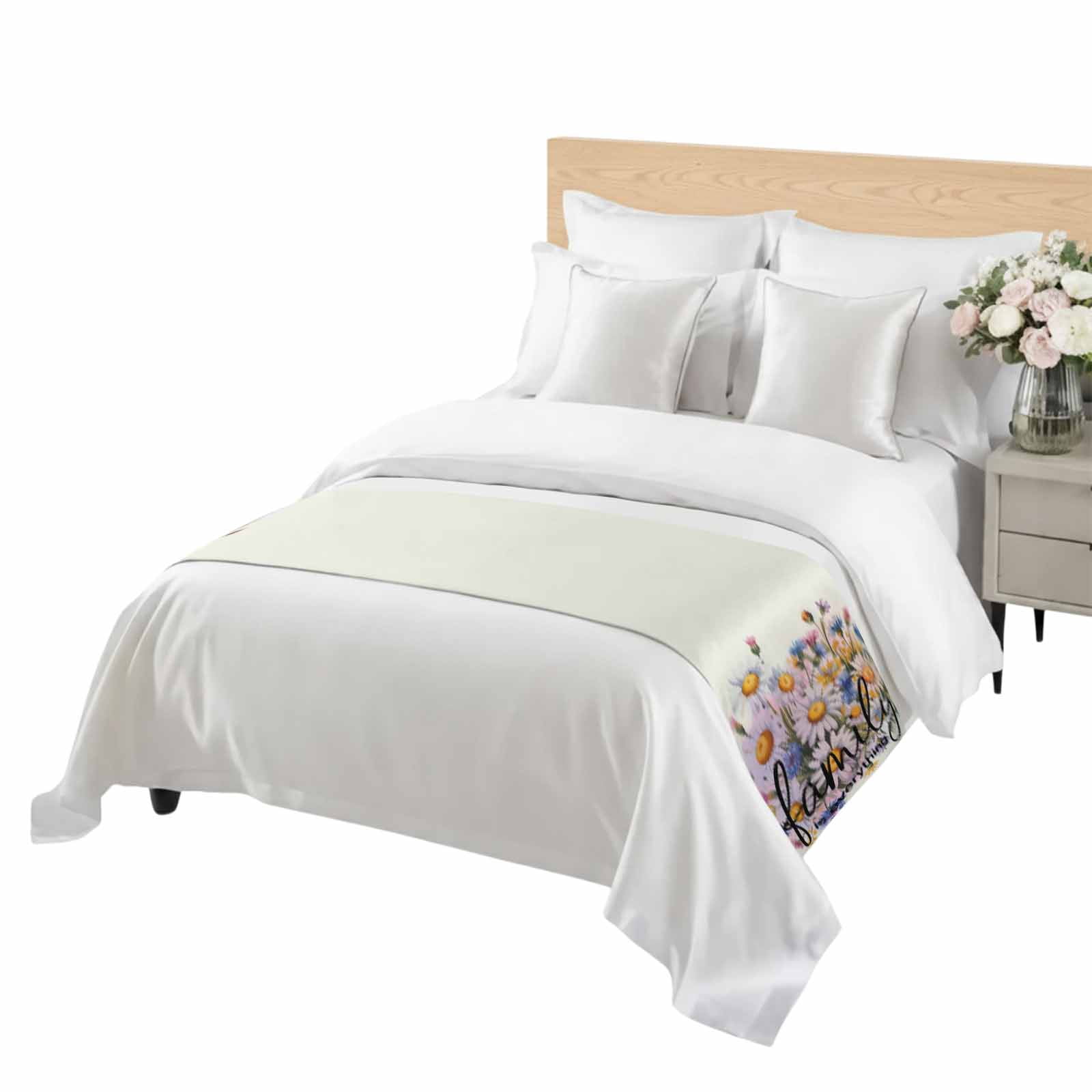 Blue White Daisy Flowers Bed Runner Queen Size Family Is Everything ...