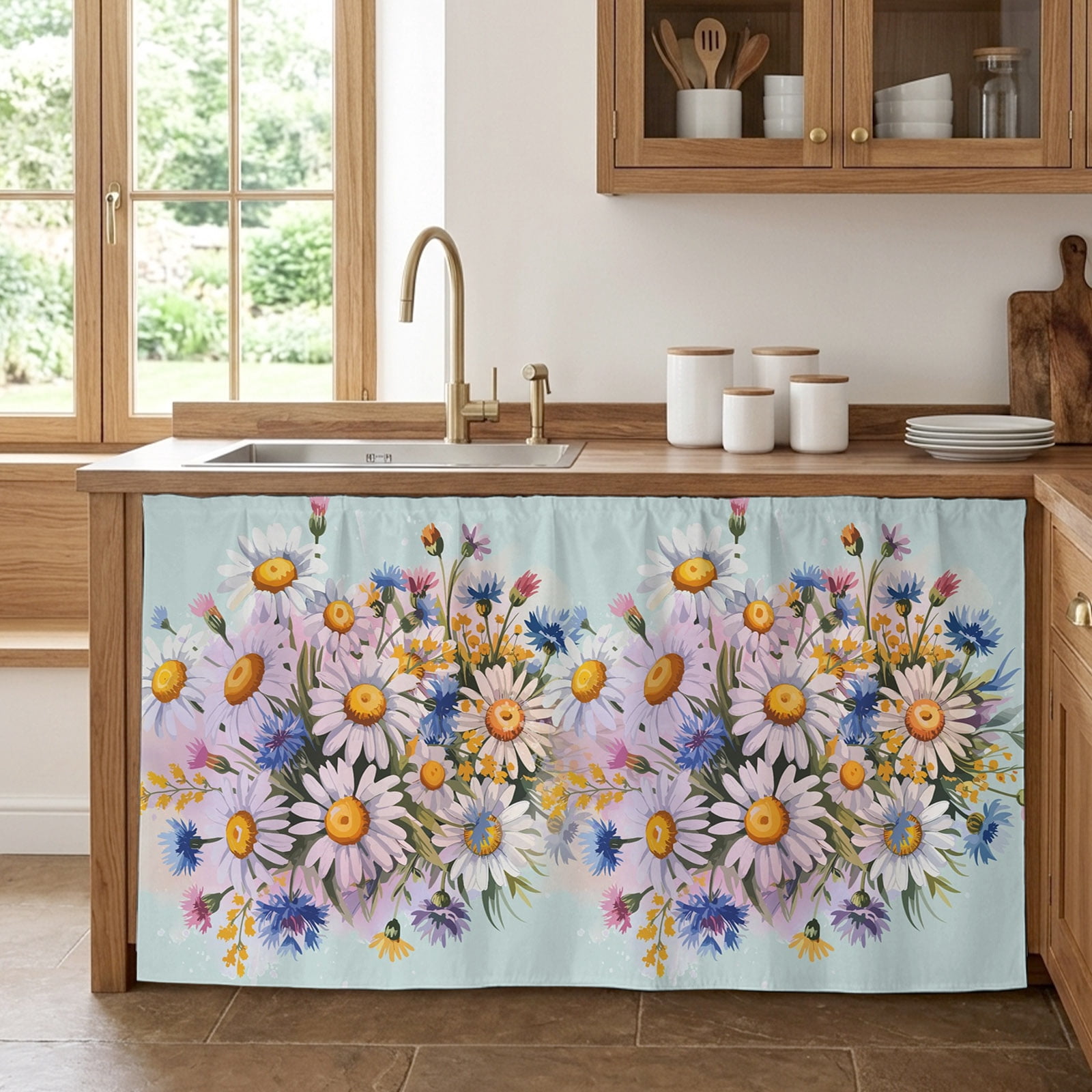 Blue White Daisy Flowers Cabinet Curtains 28" W x 51" L Spring Plants ...