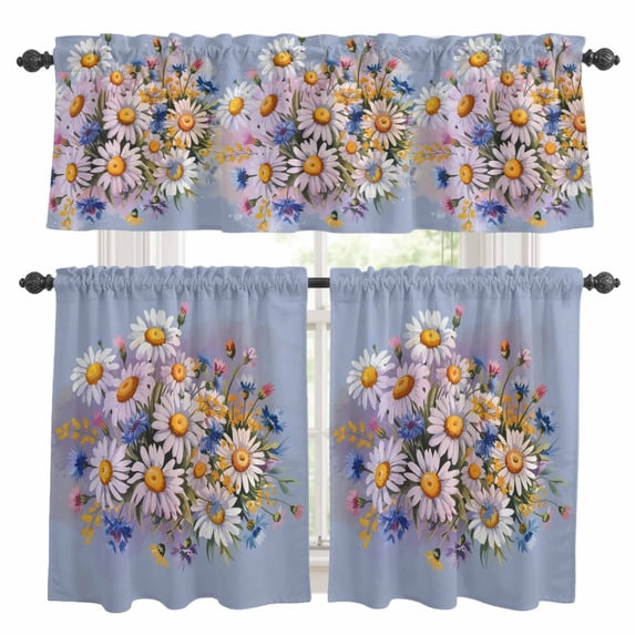 Blue White Daisy Flowers Kitchen Curtains Set for Windows, Spring ...