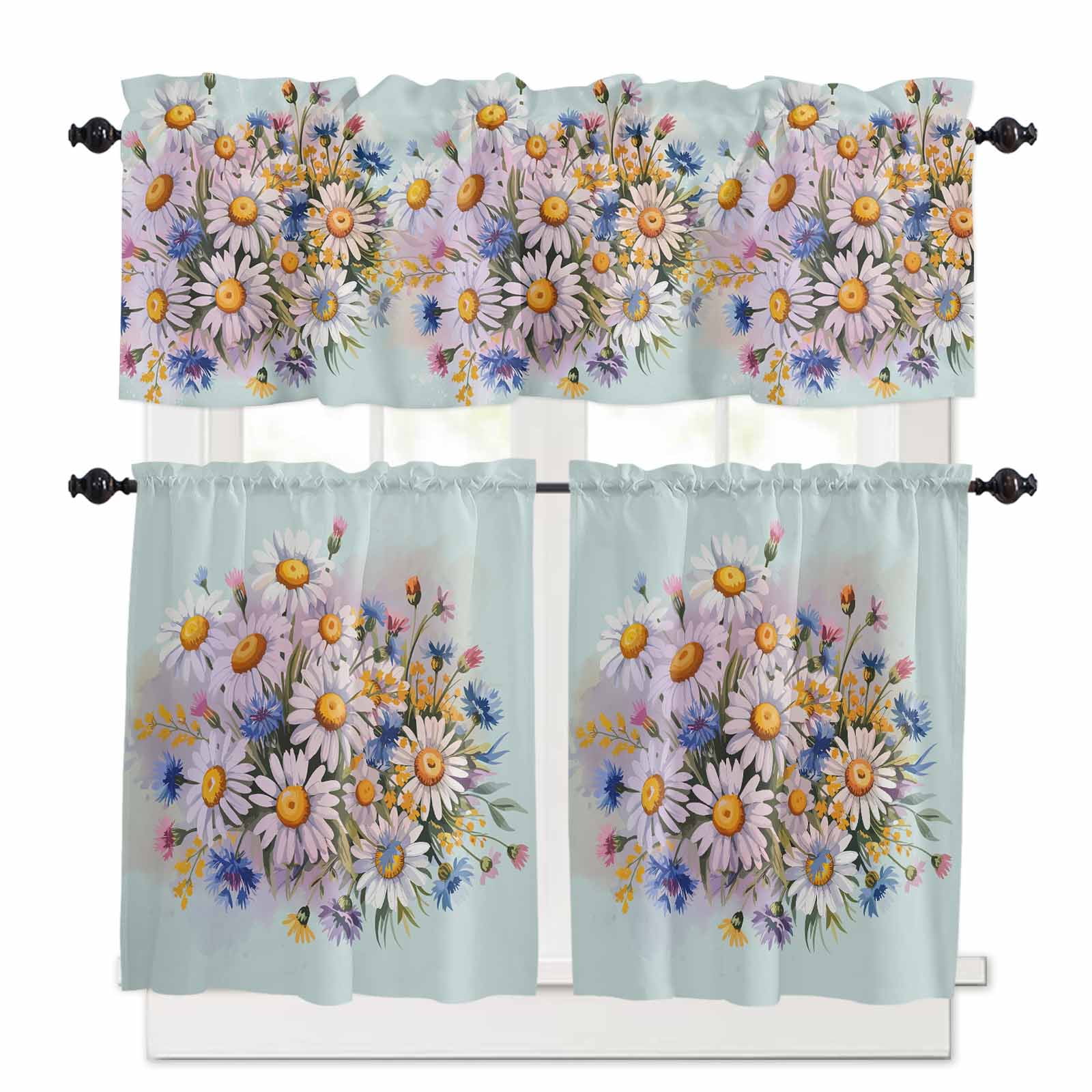 Blue White Daisy Flowers Kitchen Curtains Valances and Tiers Set of 3 ...