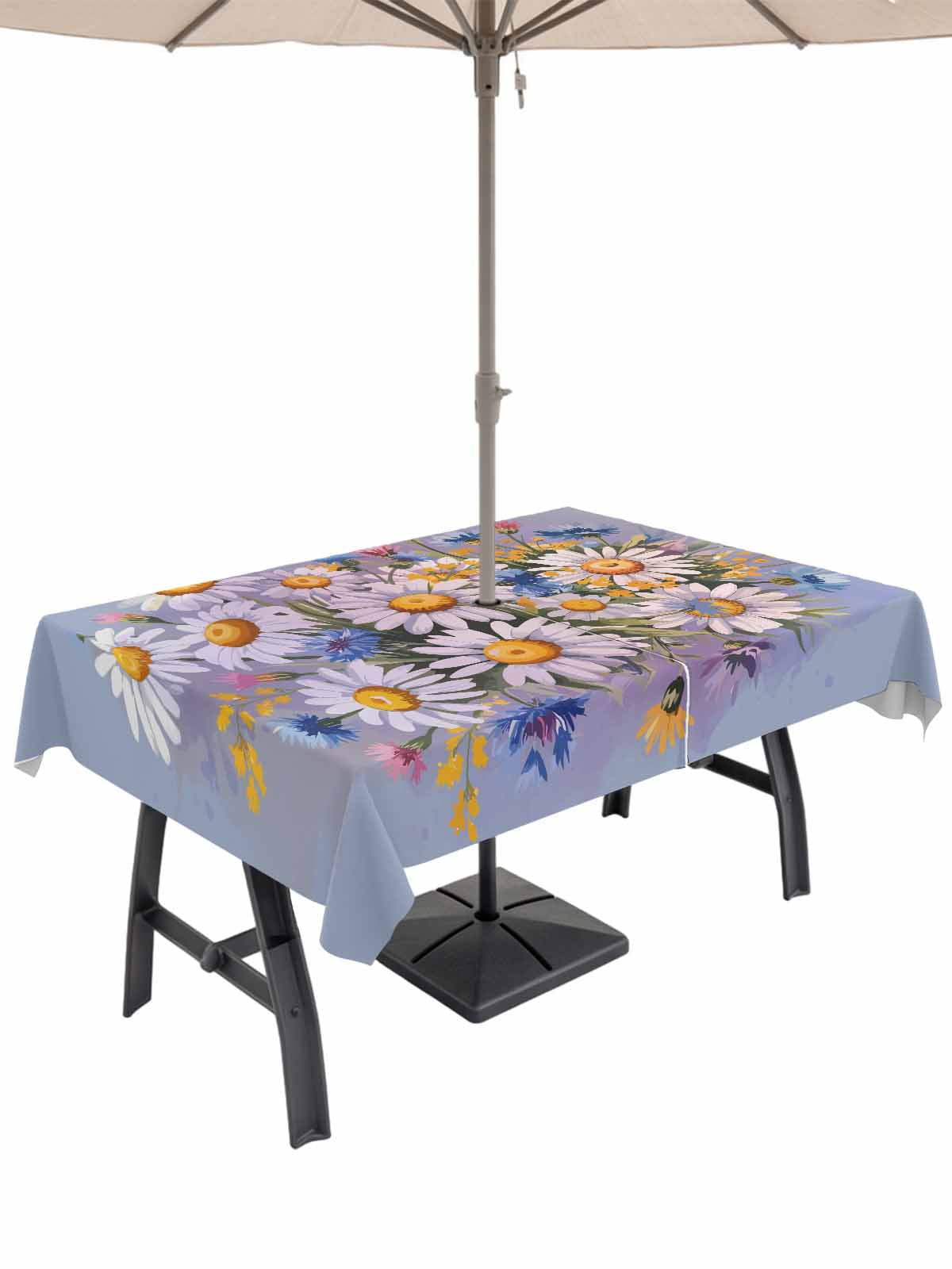 Blue White Daisy Flowers Rectangle Outdoor Tablecloth with Umbrella ...