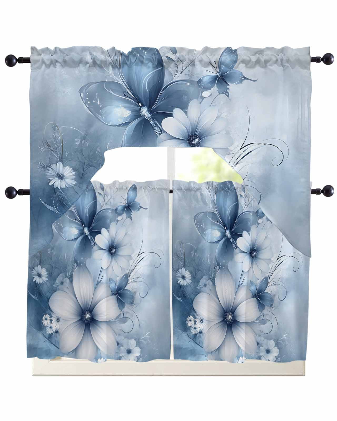 Blue White Daisy Kitchen Curtains Swag Valance and Tier Curtains Set 24 Inch Length, Luxury ...