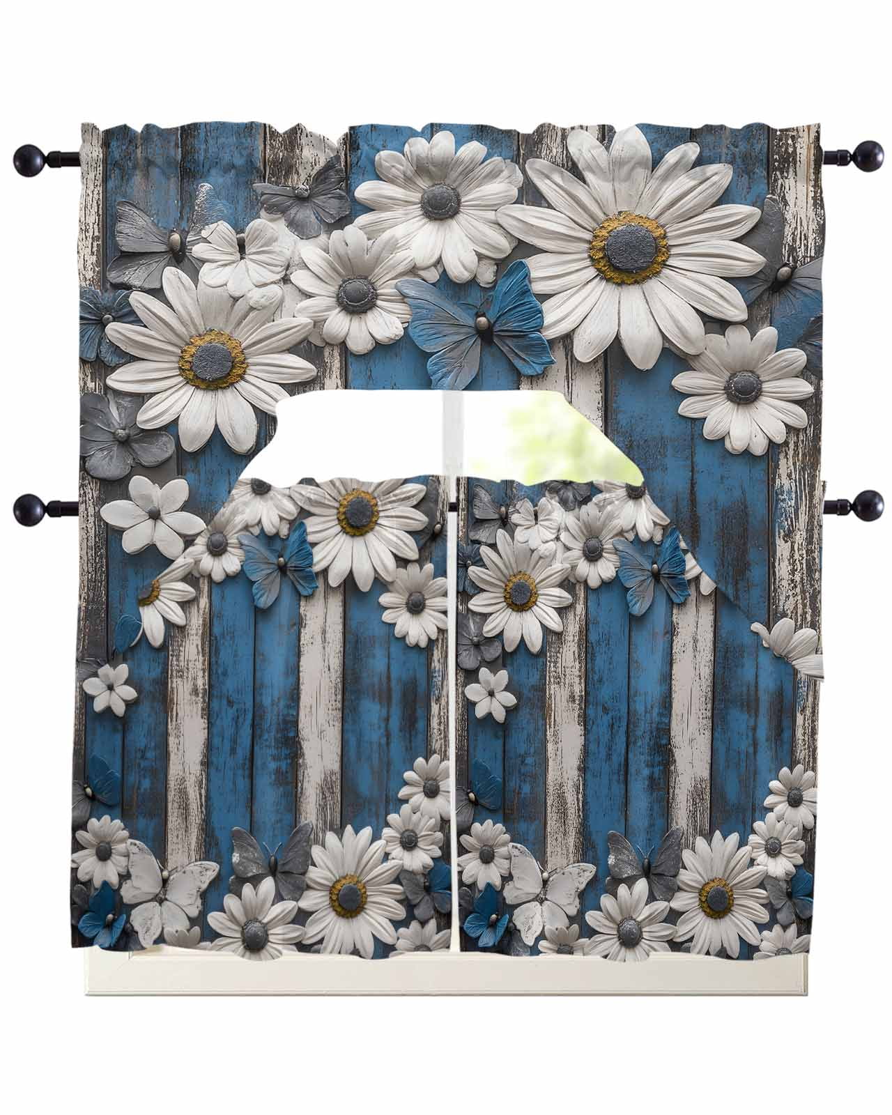 Blue White Daisy Kitchen Curtains Swag Valance and Tier Curtains Set 36 Inch Length, Vintage ...