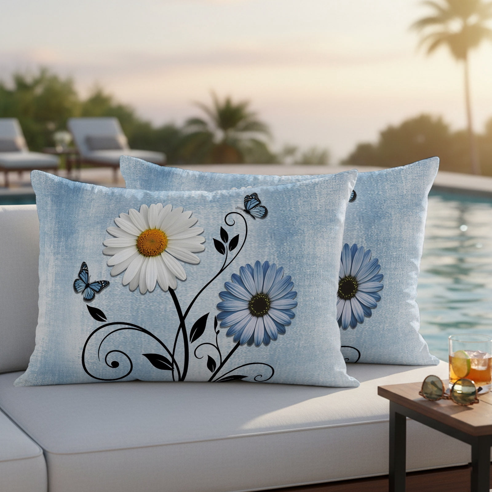 Blue White Daisy Outdoor Waterproof Throw Pillow Covers Set of 2, 20 ...