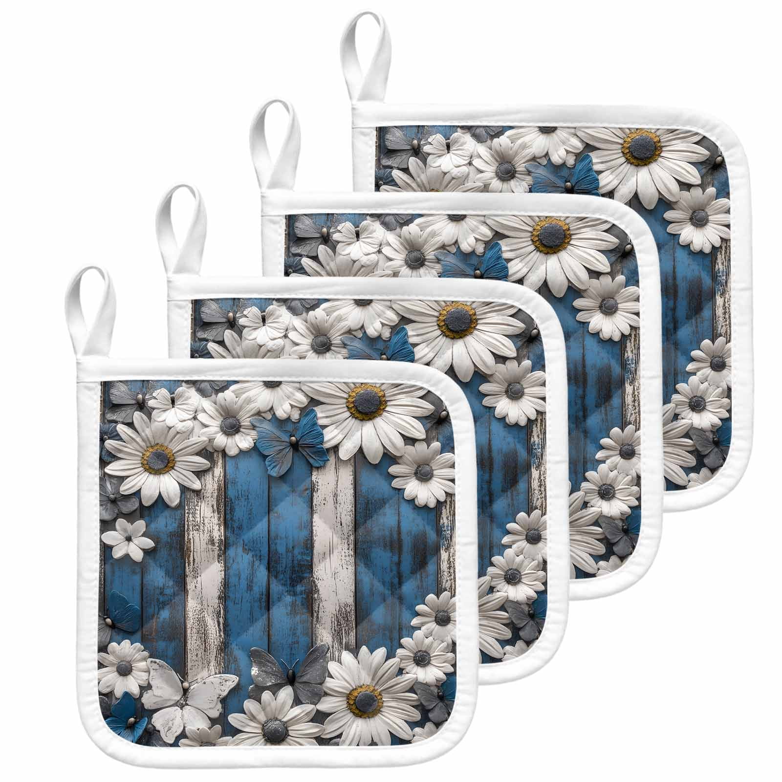 Blue White Daisy Pot Holders for Kitchen Heatproof Potholder, 4 Pack ...