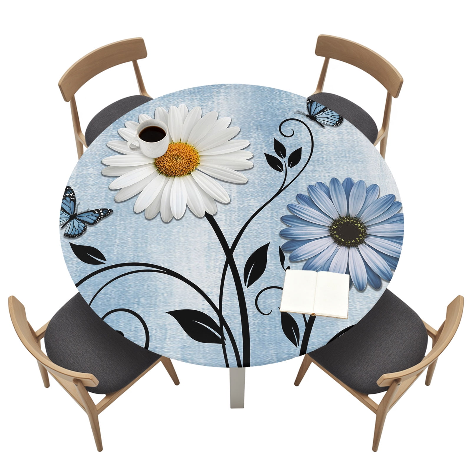Blue White Daisy Round Fitted Table Cover Butterfly Leaf Blue Gradient ...