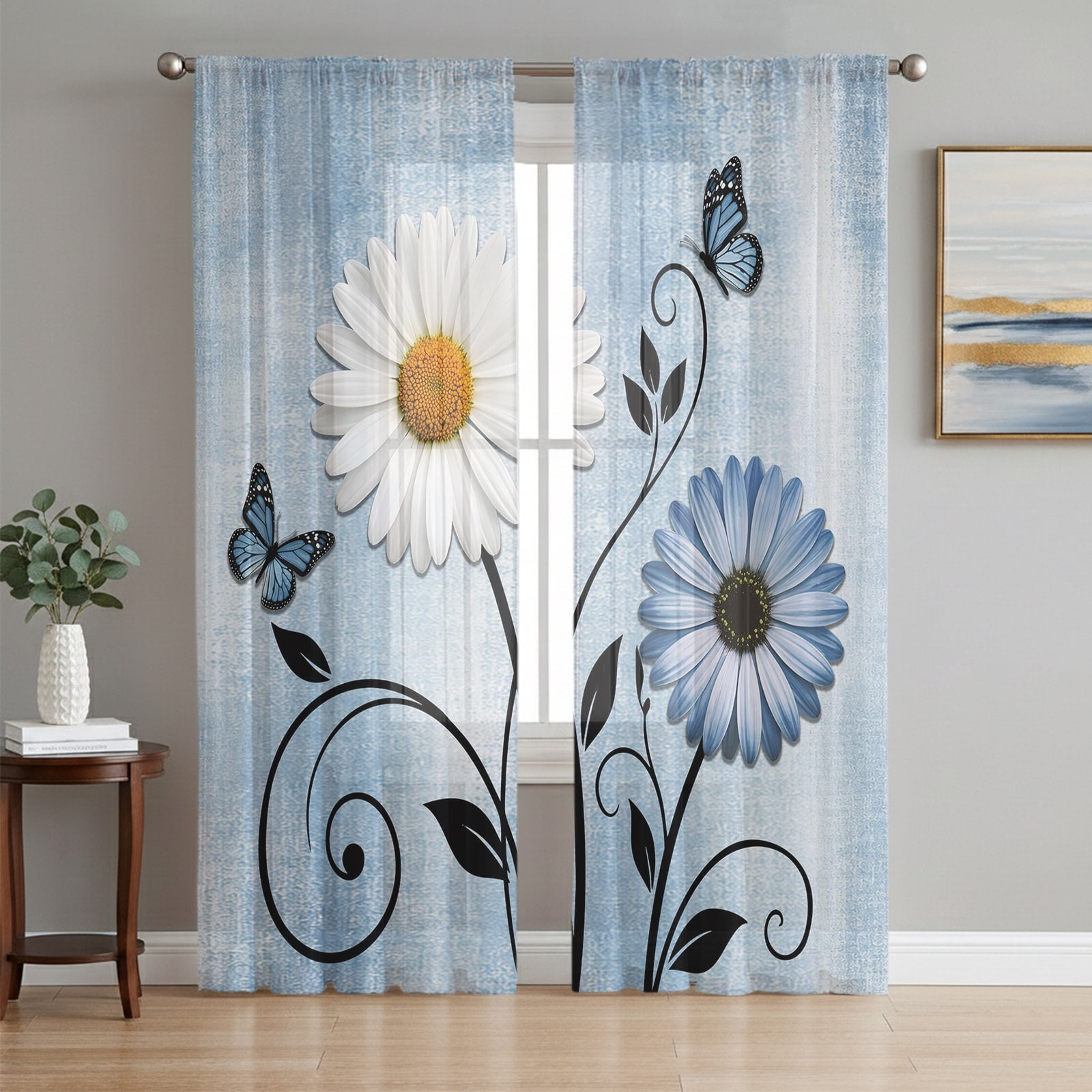 Blue White Daisy Sheer Curtains for Living Room Bedroom, Butterfly Leaf ...