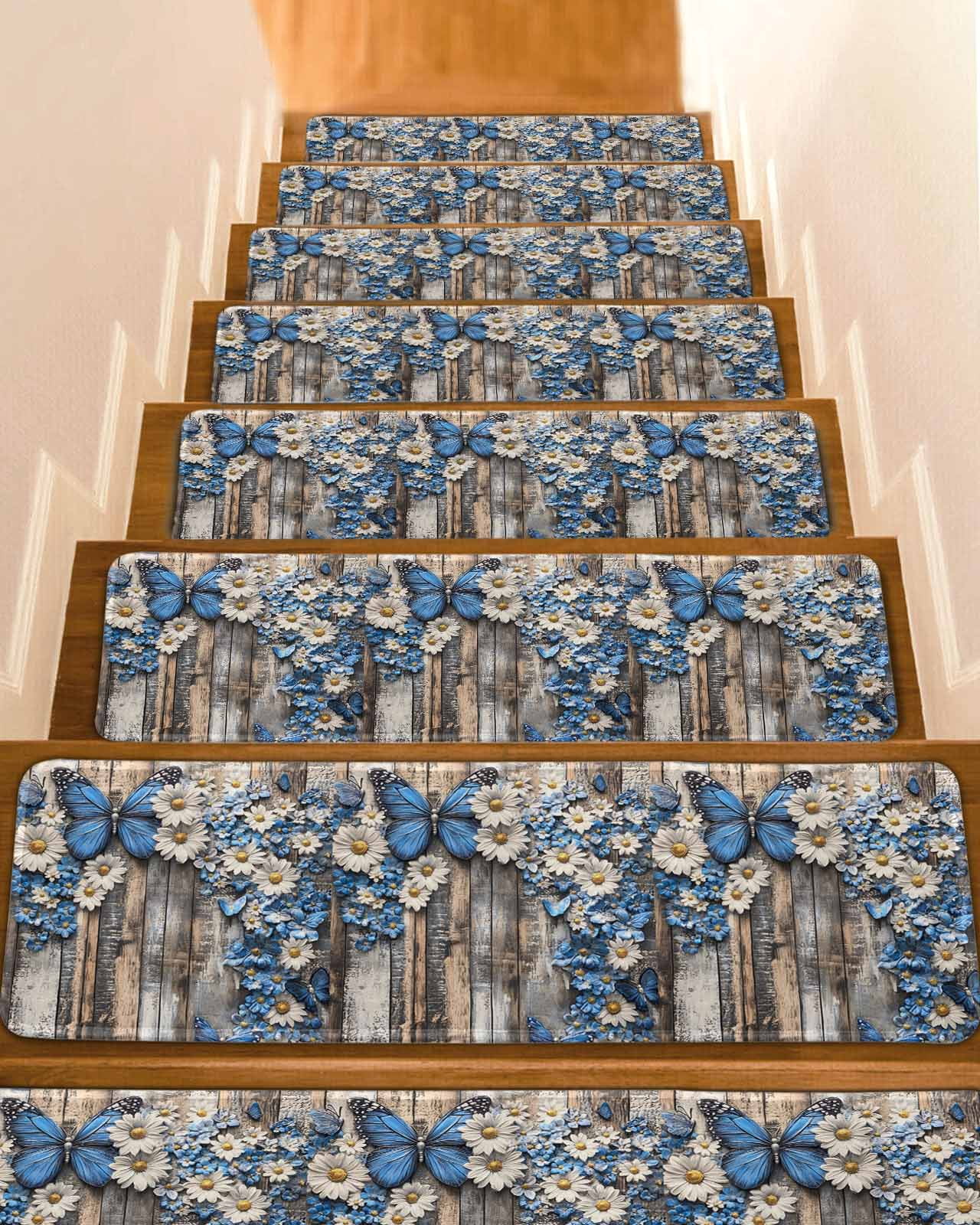 Blue White Daisy Stair Treads for Wooden Steps Indoor Runner Rug Carpet ...