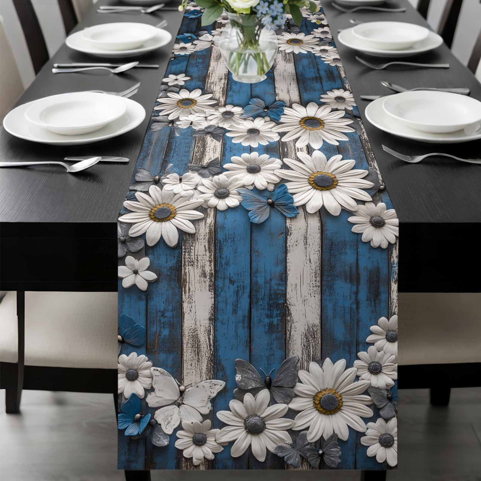 Blue White Daisy Table Runner 60 Inches Long, Vintage Farmhouse ...