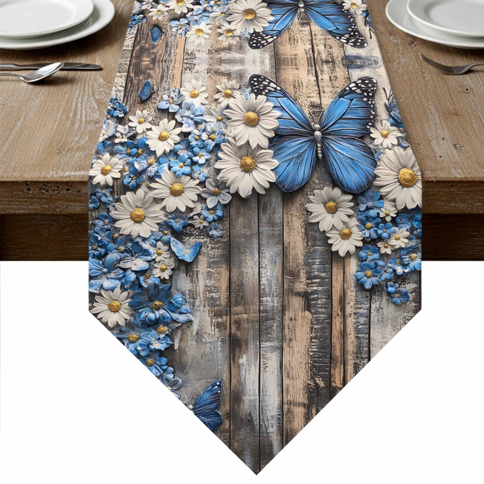 Blue White Daisy Table Runner Linen Burlap Table Runner 72 Inches Long ...