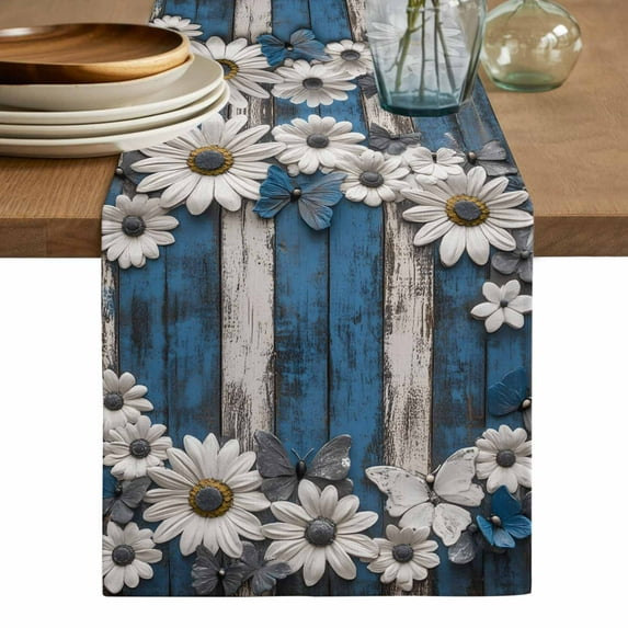 Blue White Daisy Table Runner, Vintage Farmhouse Butterfly Floral Wood ...