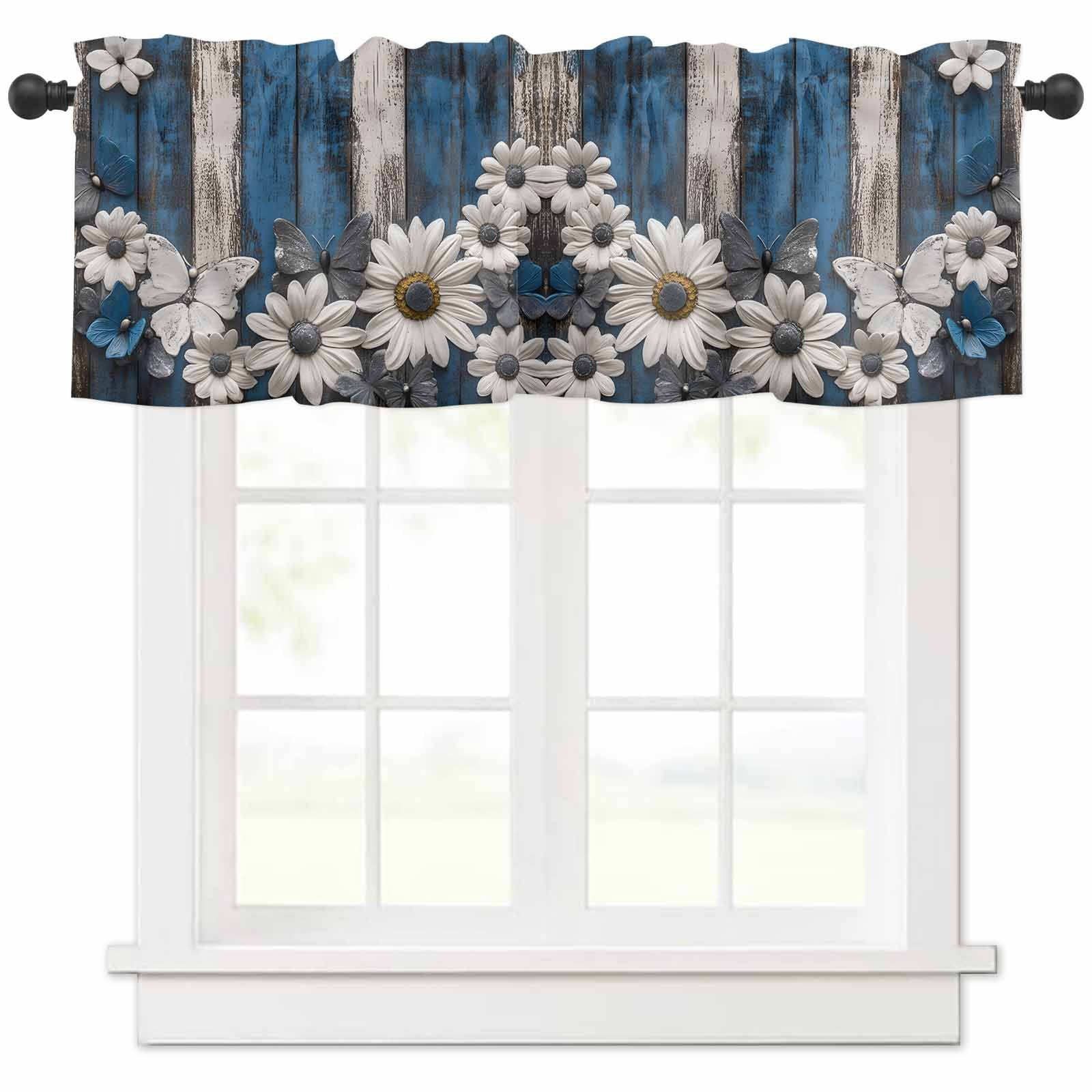 Blue White Daisy Valances for Windows Farmhouse Kitchen Curtains ...
