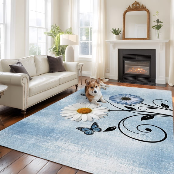Blue White Daisy Washable Area Rug 6x9 Butterfly Leaf Blue Gradient ...
