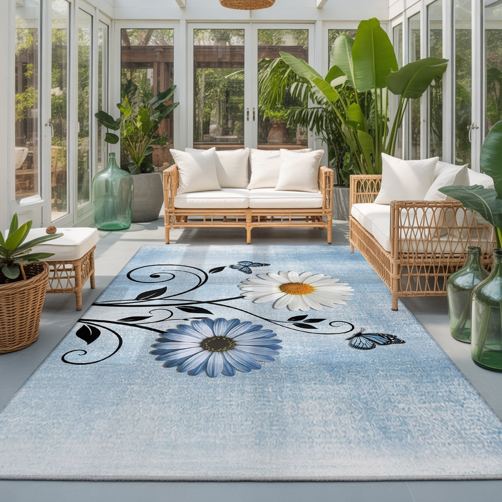 Blue White Daisy Washable Living Room Rugs 8'x10', Butterfly Leaf Blue ...