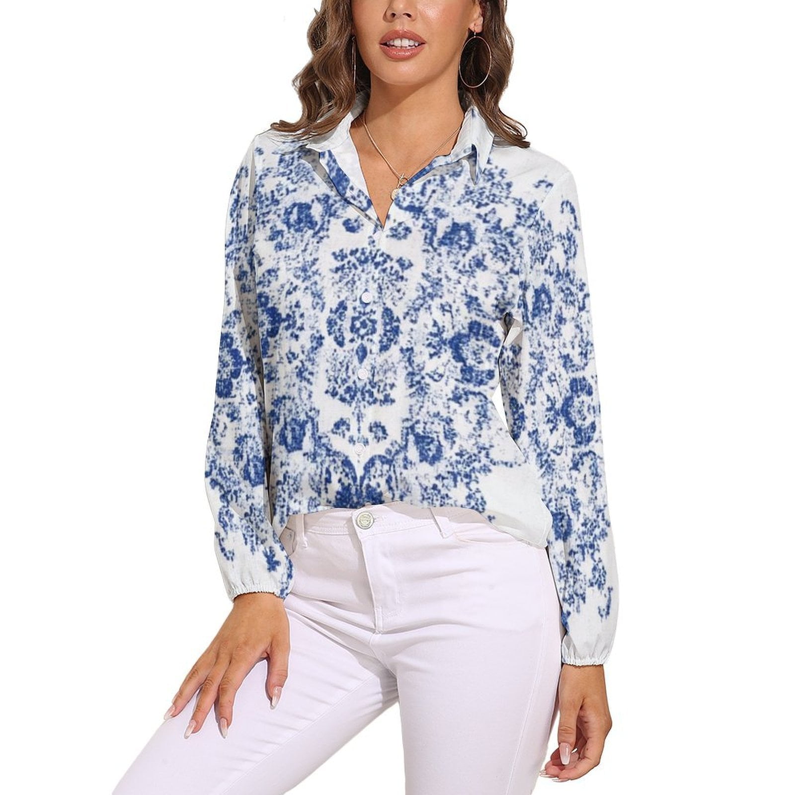 Blue White Damask Rug Vntage Casual Long Sleeve Shirt Blouse Woman ...