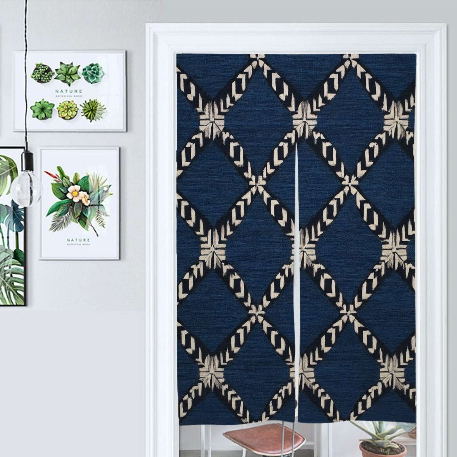 Blue White Diamond Pattern Textile Door Curtain Nordic Living Room ...