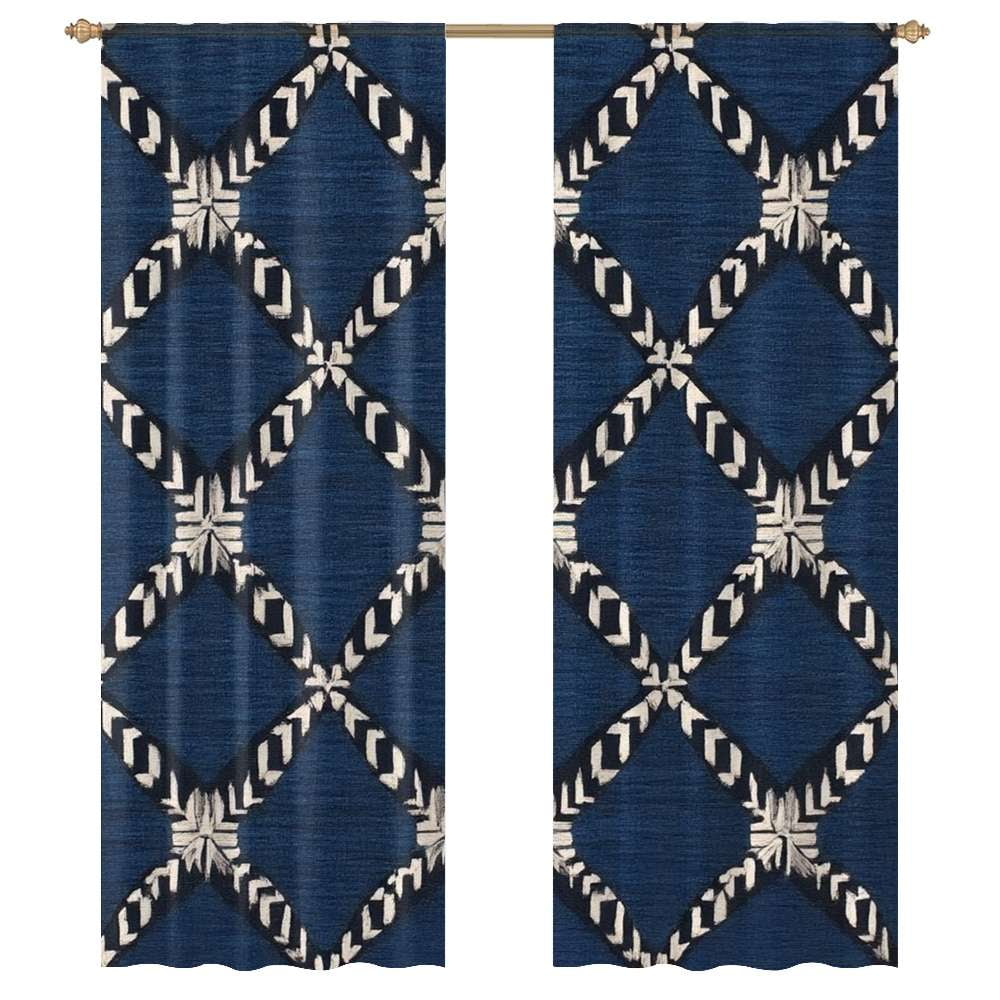Blue White Diamond Pattern Textile Modern Tulle Window Curtains for ...