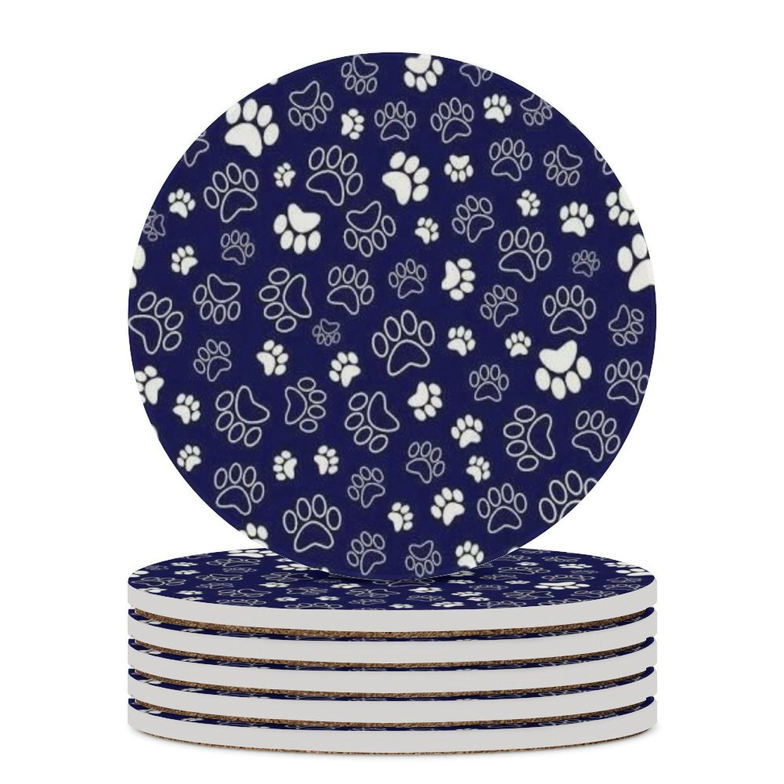 Blue And White Dog Paws on Dark Blue Background Ceramic Coasters ...