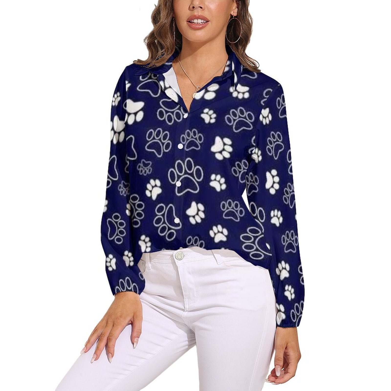 Blue And White Dog Paws on Dark Blue Background Long Sleeve Blouse ...