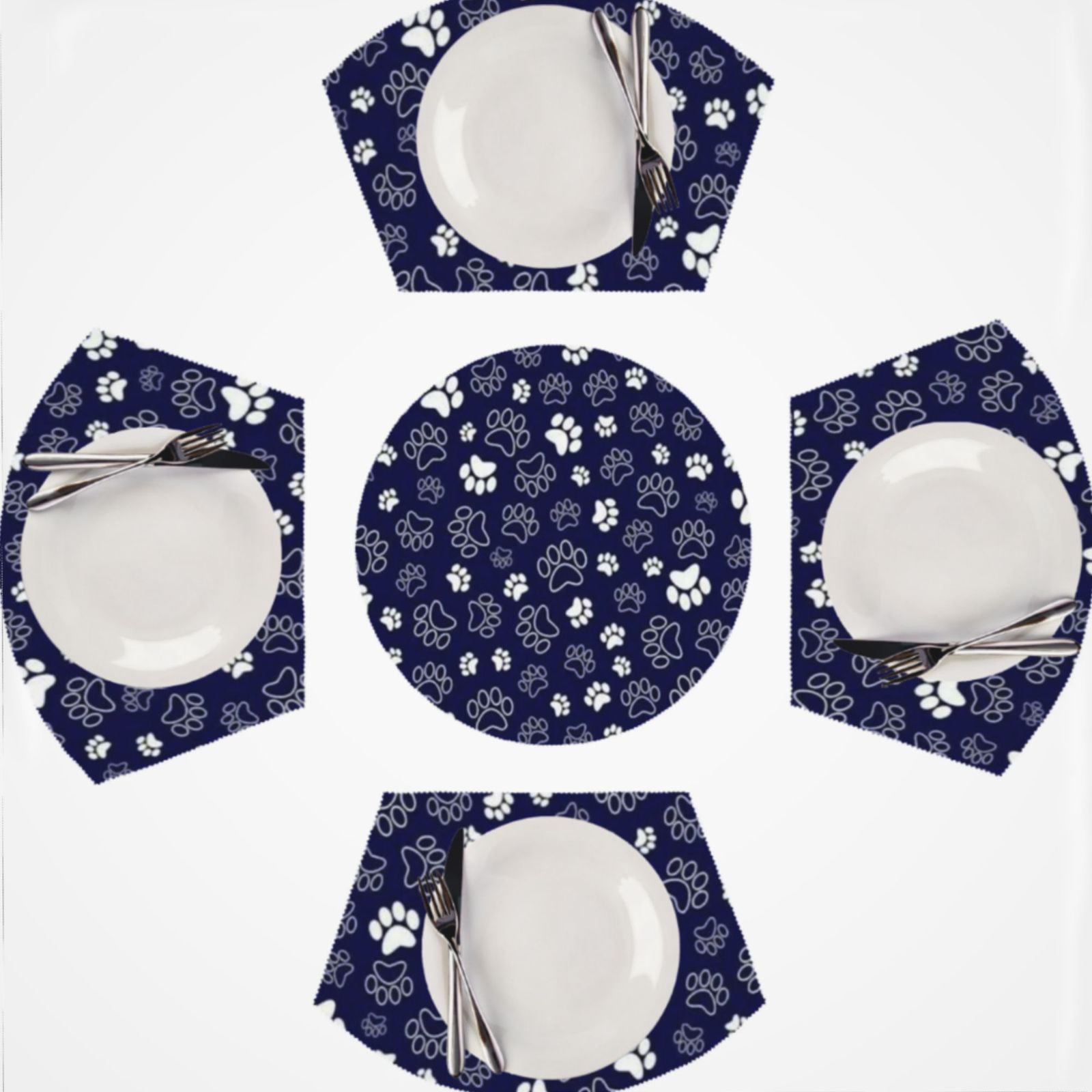 Blue And White Dog Paws On Dark Blue Background Round Table Placemats ...