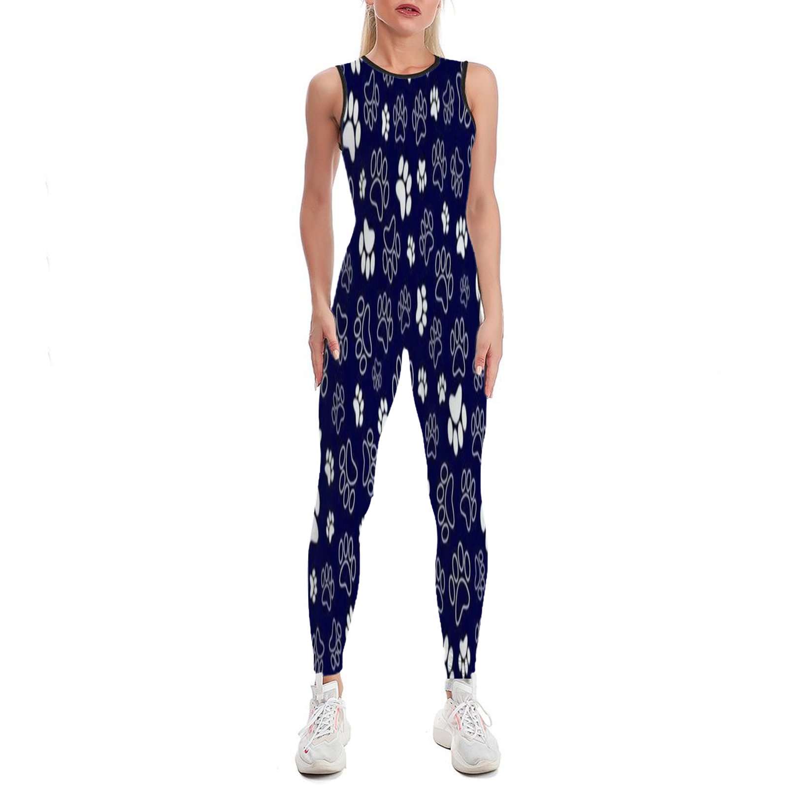 Blue And White Dog Paws On Dark Blue Background Women's One Piece Yoga ...