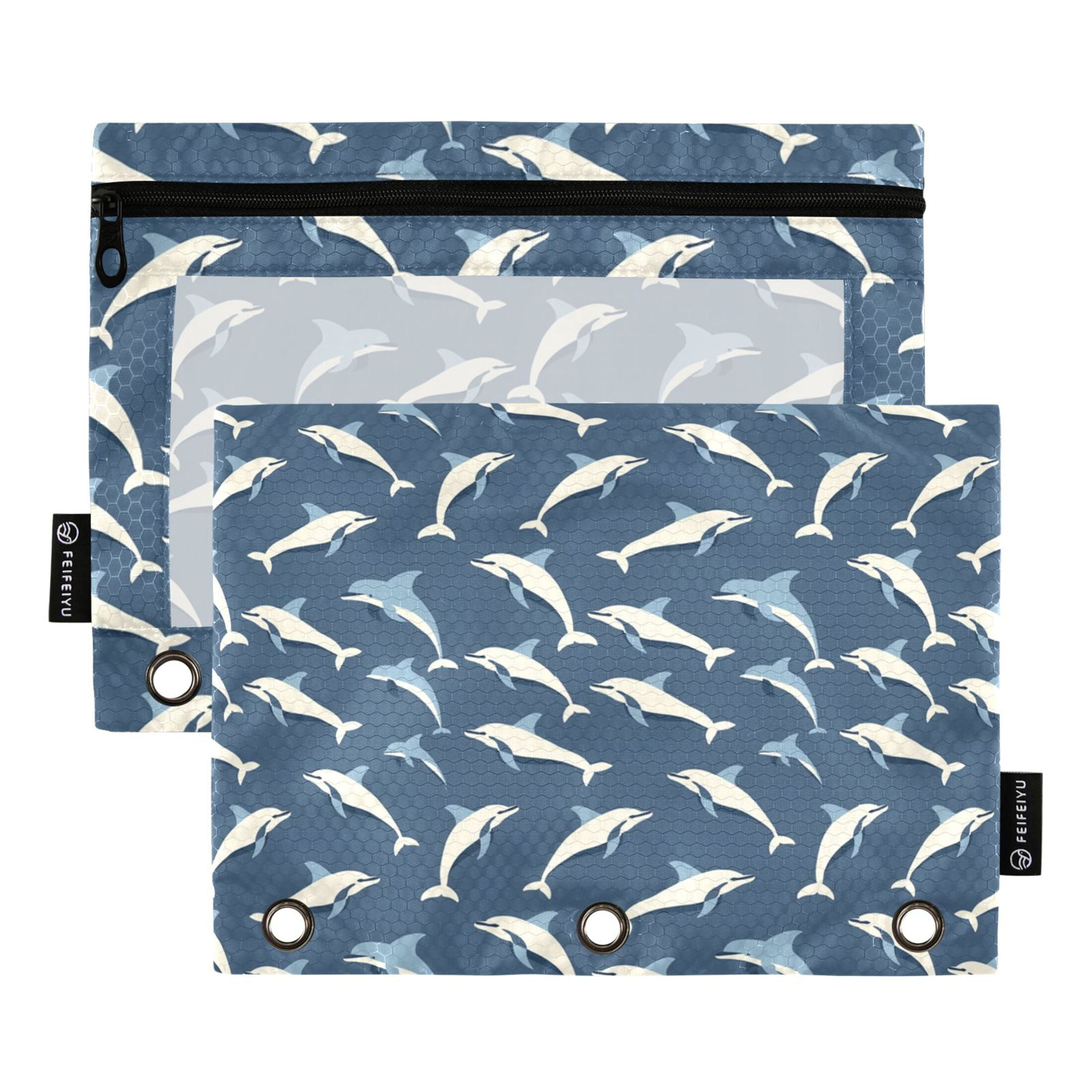 Blue White Dolphins 2 Pack Pencil Pouch for 3 Ring Binder Smooth Zipper ...
