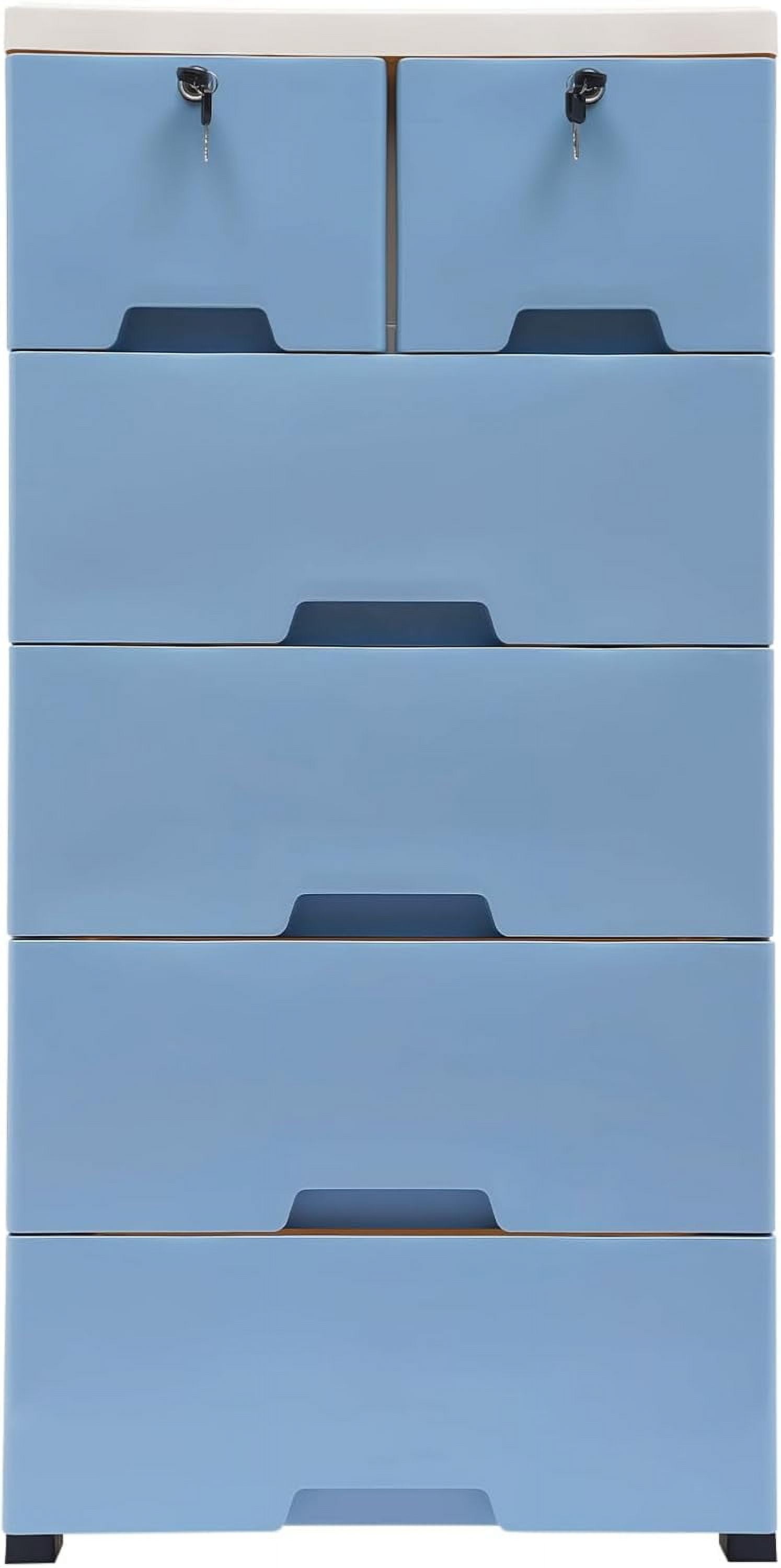 Blue White Drawers Dresser, 5-Tier Storage Tower with 6 Drawer and 4 Wheels, Storage Organizer ...