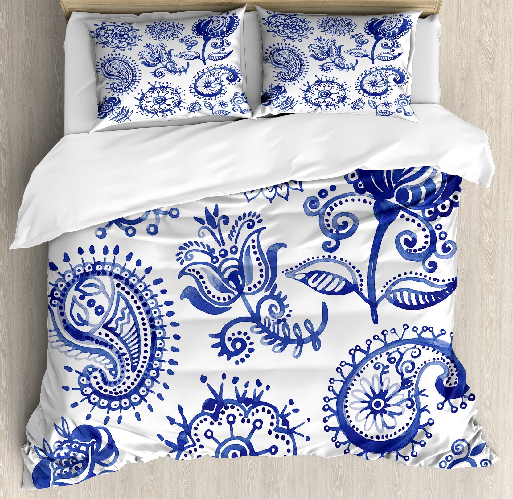 Blue and White Duvet Cover Set, Old Fashioned Motifs in Watercolor ...