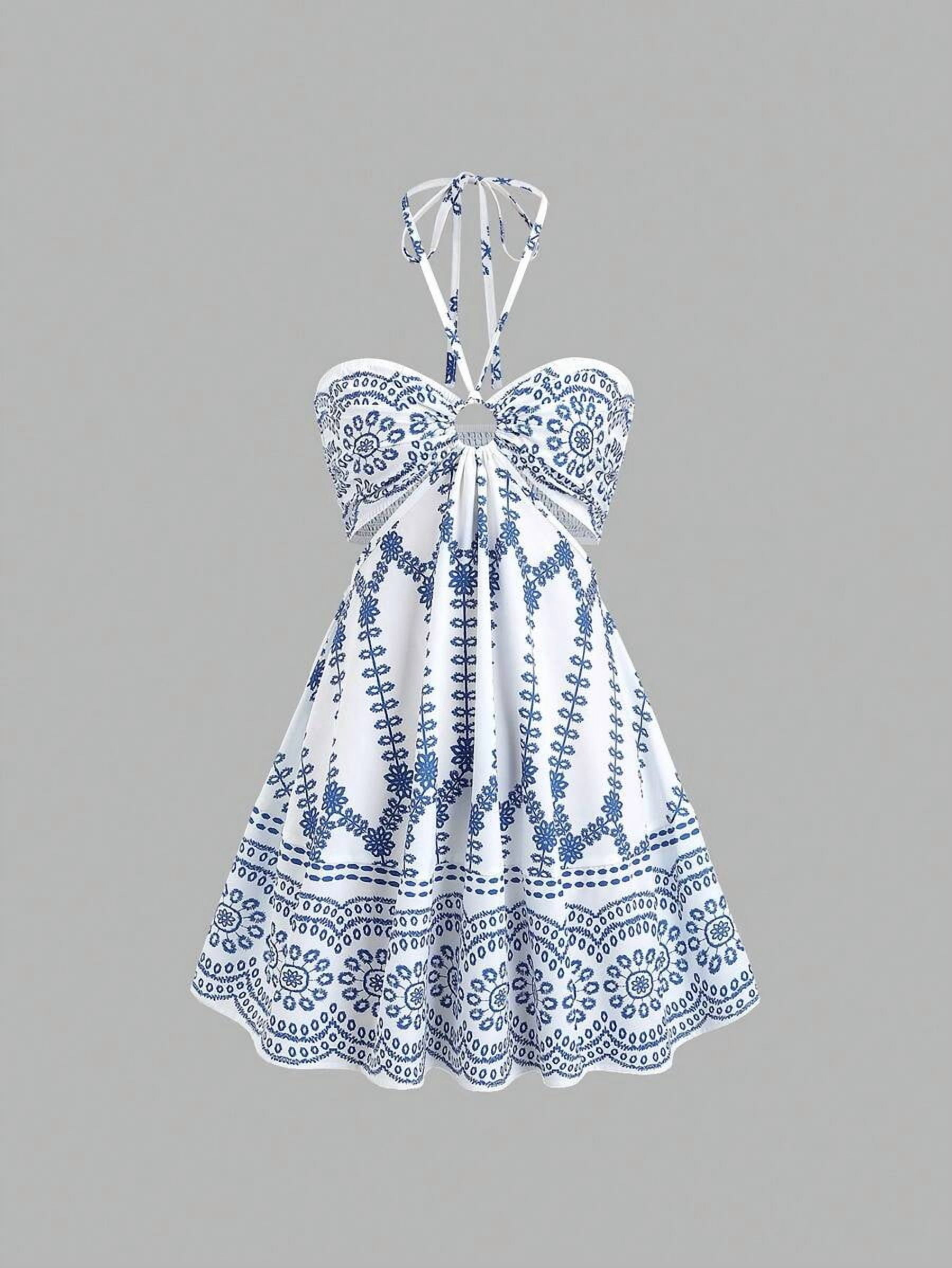 Blue & White Embroidered Floral Halter Neck A-Line Mini Dress For Women ...