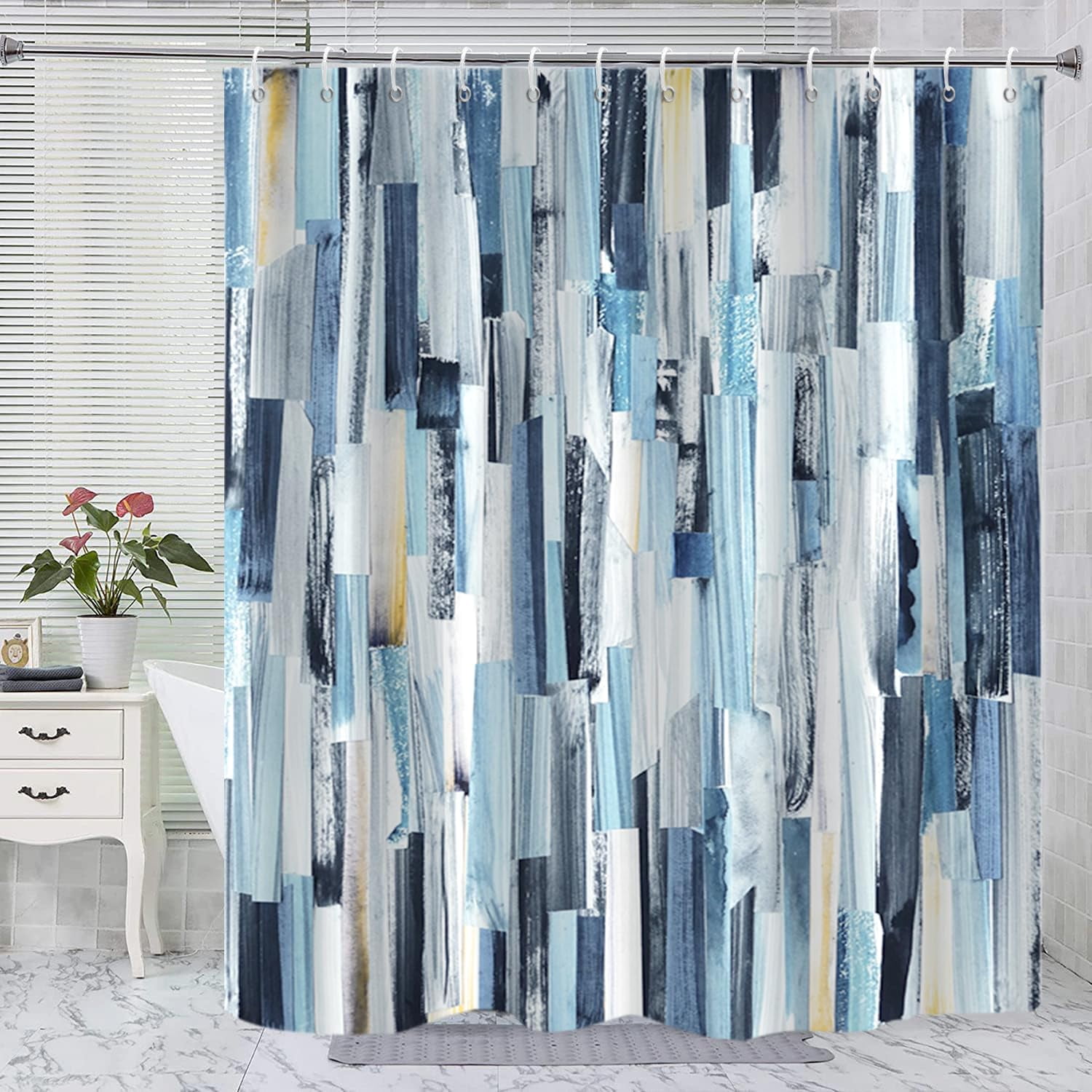 Blue and White Extra Long Shower Curtain, Abstract Modern Ombre Art ...