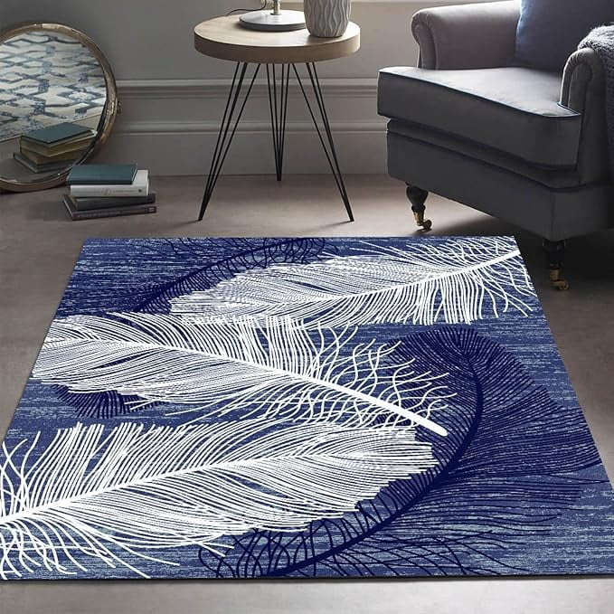 Blue White Feather Area Rug, Modern Minimalist Style Rectangle Rugs ...