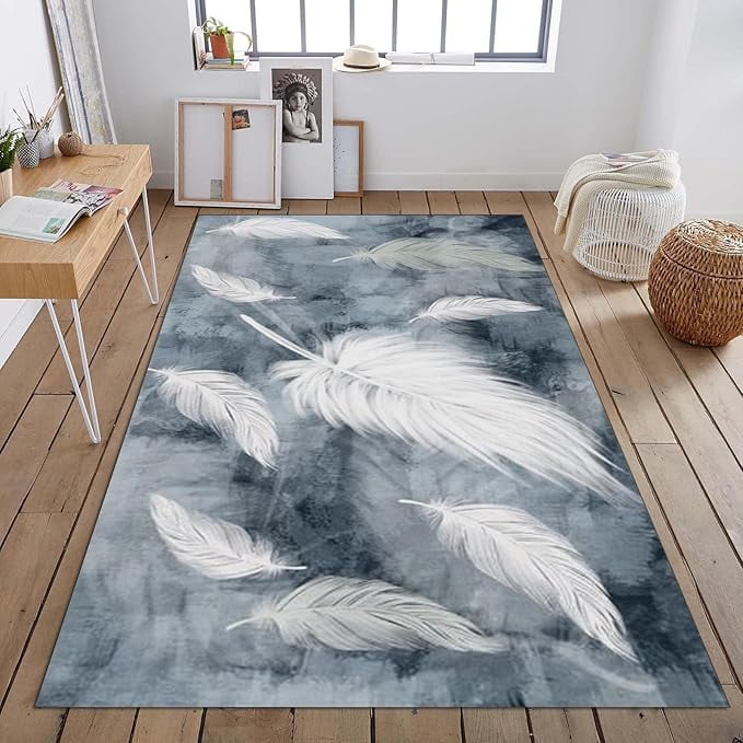 Blue White Feather Area Rug, Retro Luxury Feather Decoration Carpet ...