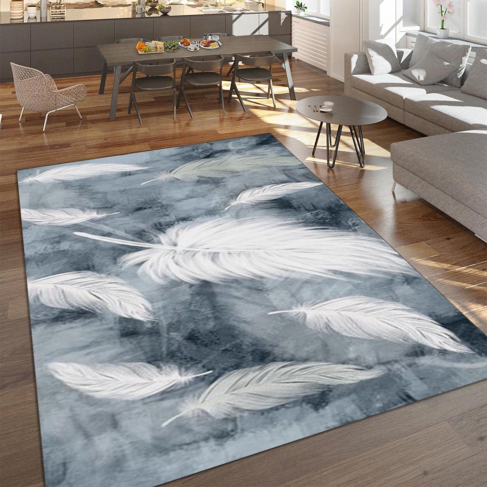 Blue White Feather Area Rugs, Retro Light Luxury Feather Decoration ...
