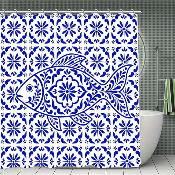 Blue White Fish Floral Tile Print Shower Curtain,Cloth Fabric ...