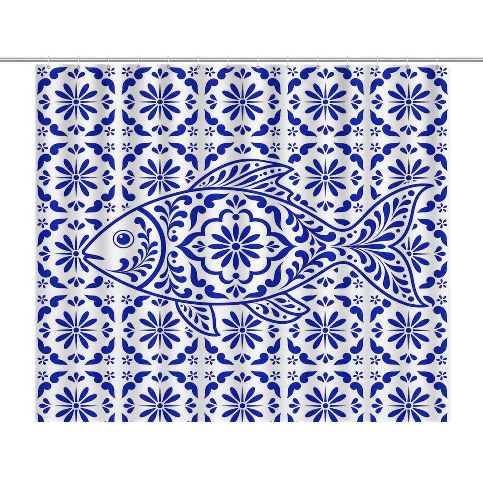 Blue White Fish Floral Tile Print Shower Curtain,Cloth Fabric ...