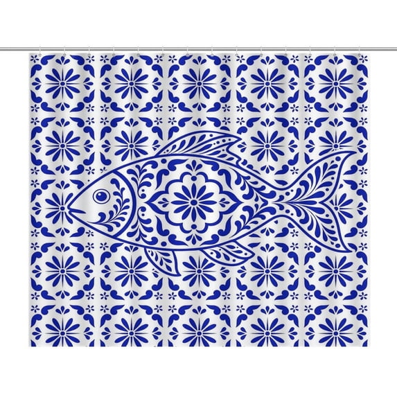 Blue White Fish Floral Tile Print Shower Curtain,Cloth Fabric ...