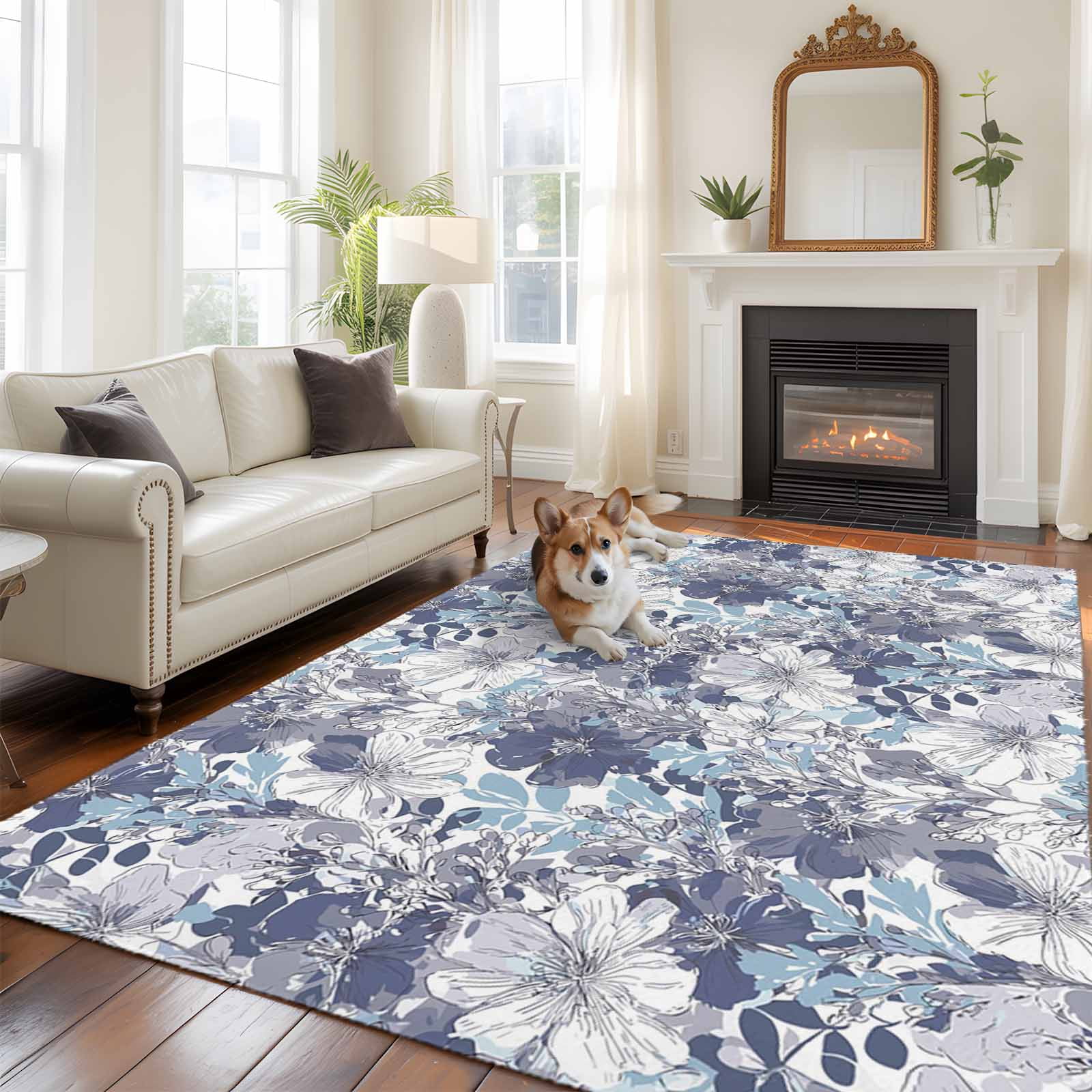 Blue White Floral Area Rugs 5x7 ft Watercolor Spring Blue White ...