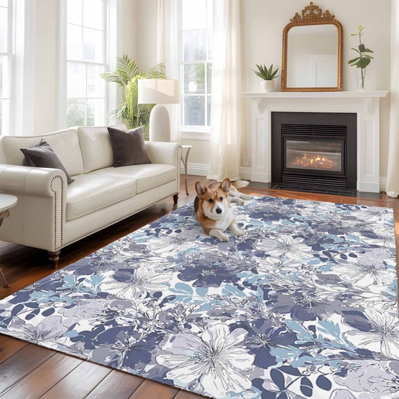 Blue White Floral Area Rugs 5x7 ft Watercolor Spring Blue White ...