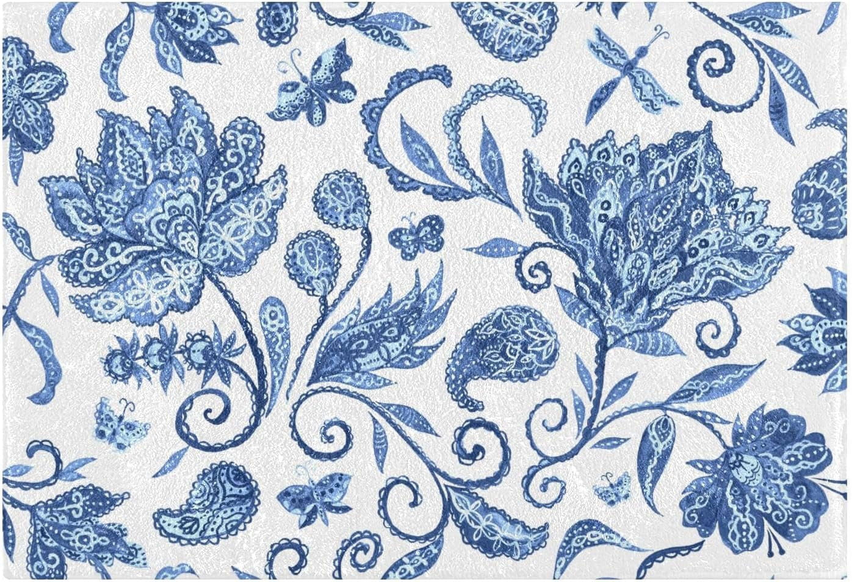 Blue White Floral Bathroom Rug Rectangular Bath Mat Non Slip Bath Rugs ...