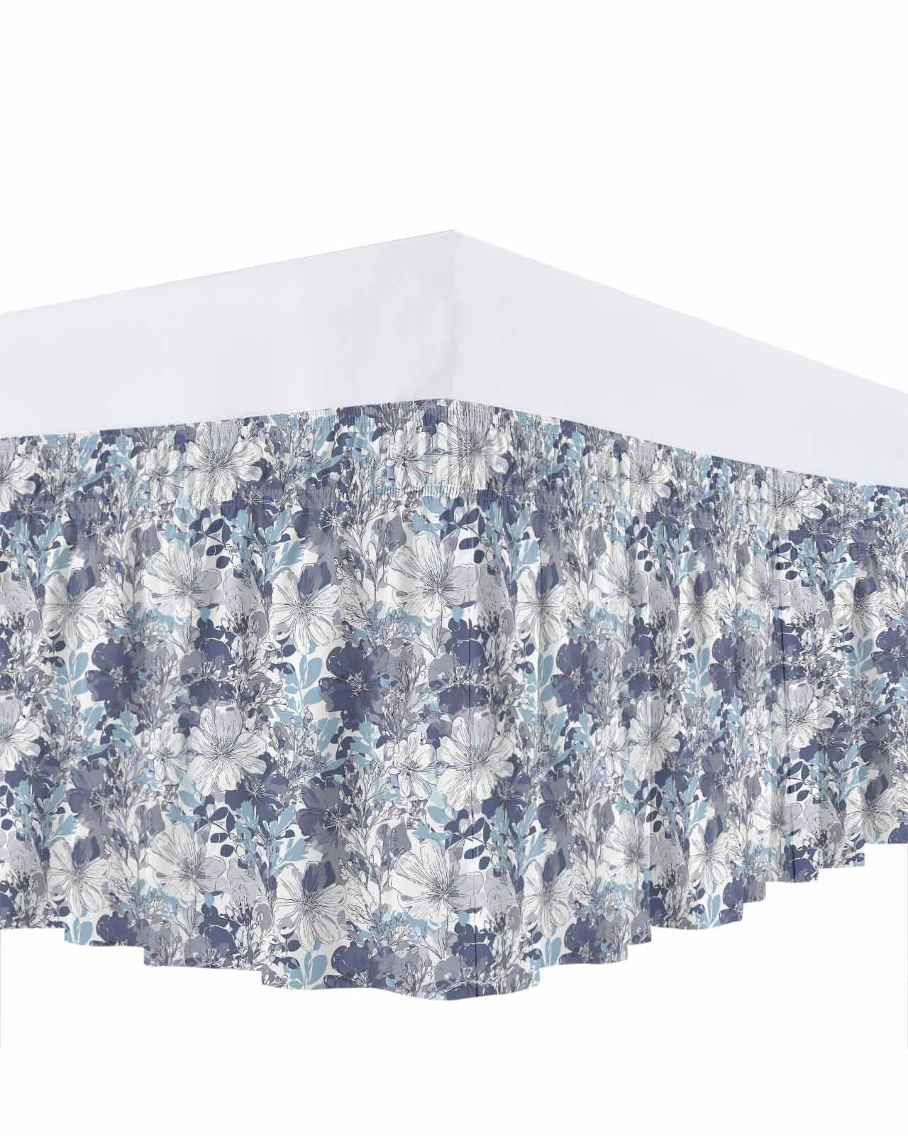 Blue White Floral Bed Skirt Queen Size 16 Inch Drop, Spring Blue White ...