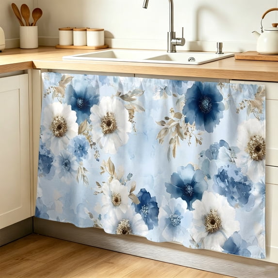 Blue White Floral Cabinet Curtain 28"W x 51"L, Oil Painting Farmhouse ...