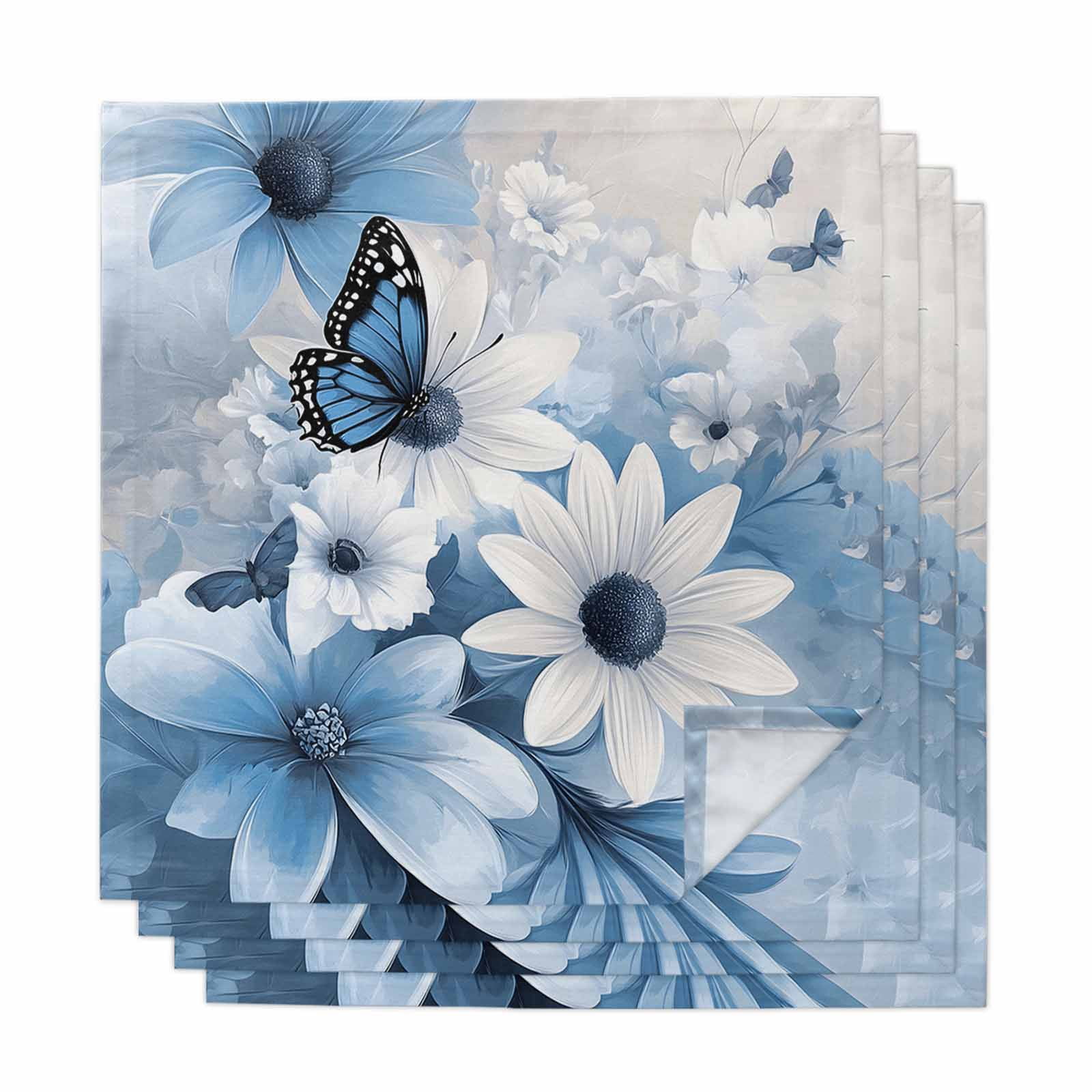 Blue White Floral Cloth Napkins, Elegant Rustic Butterfly Botanical ...