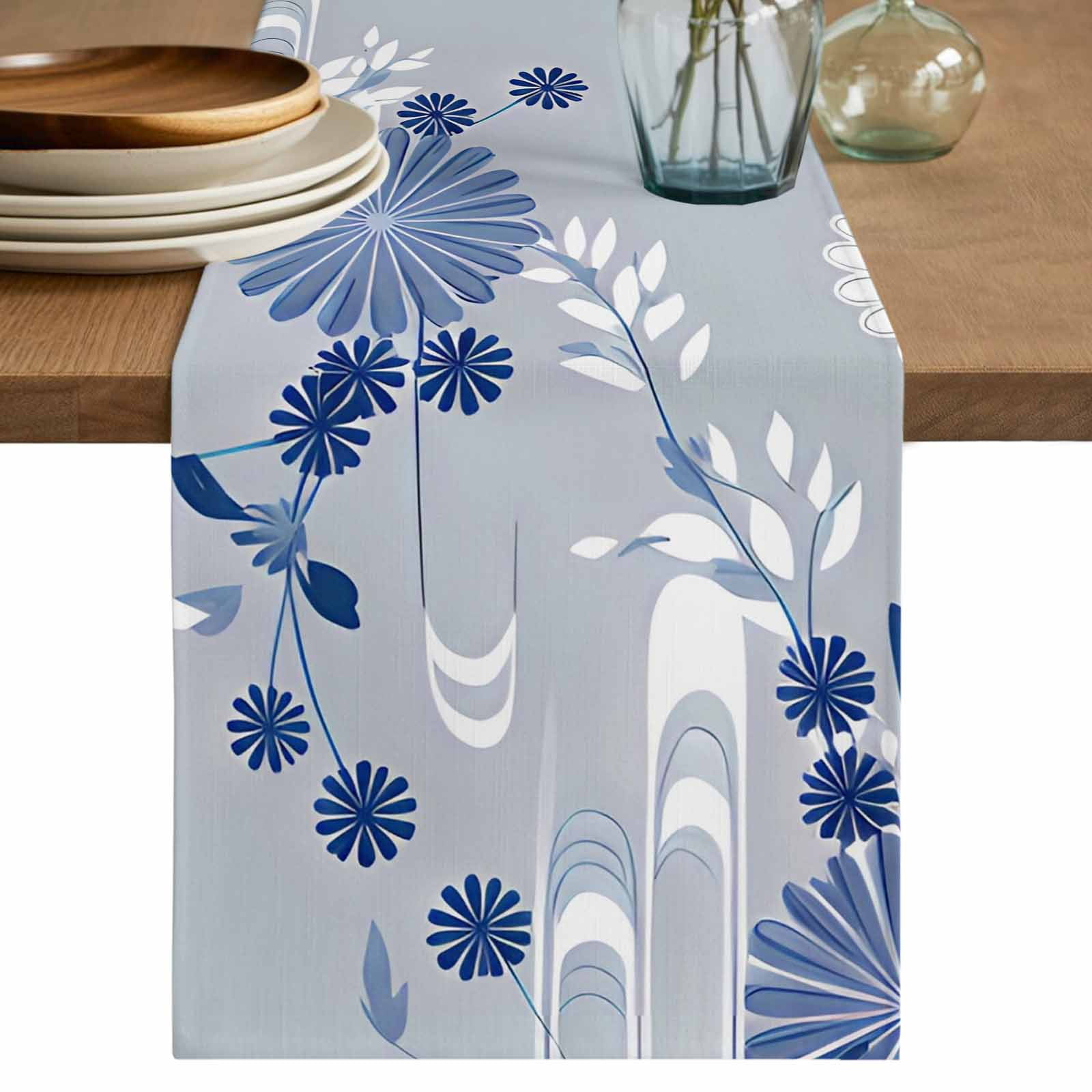 Blue White Floral Cotton Linen Table Runner for Dining Kitchen, Spring ...