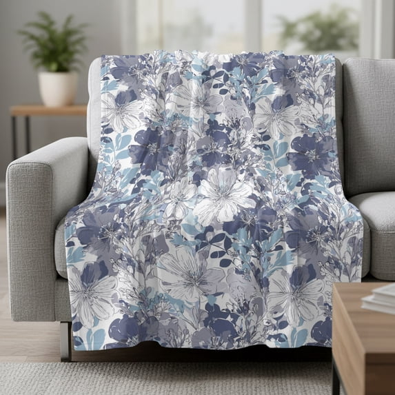 Blue White Floral Fleece Throw Blanket Watercolor Spring Blue White ...